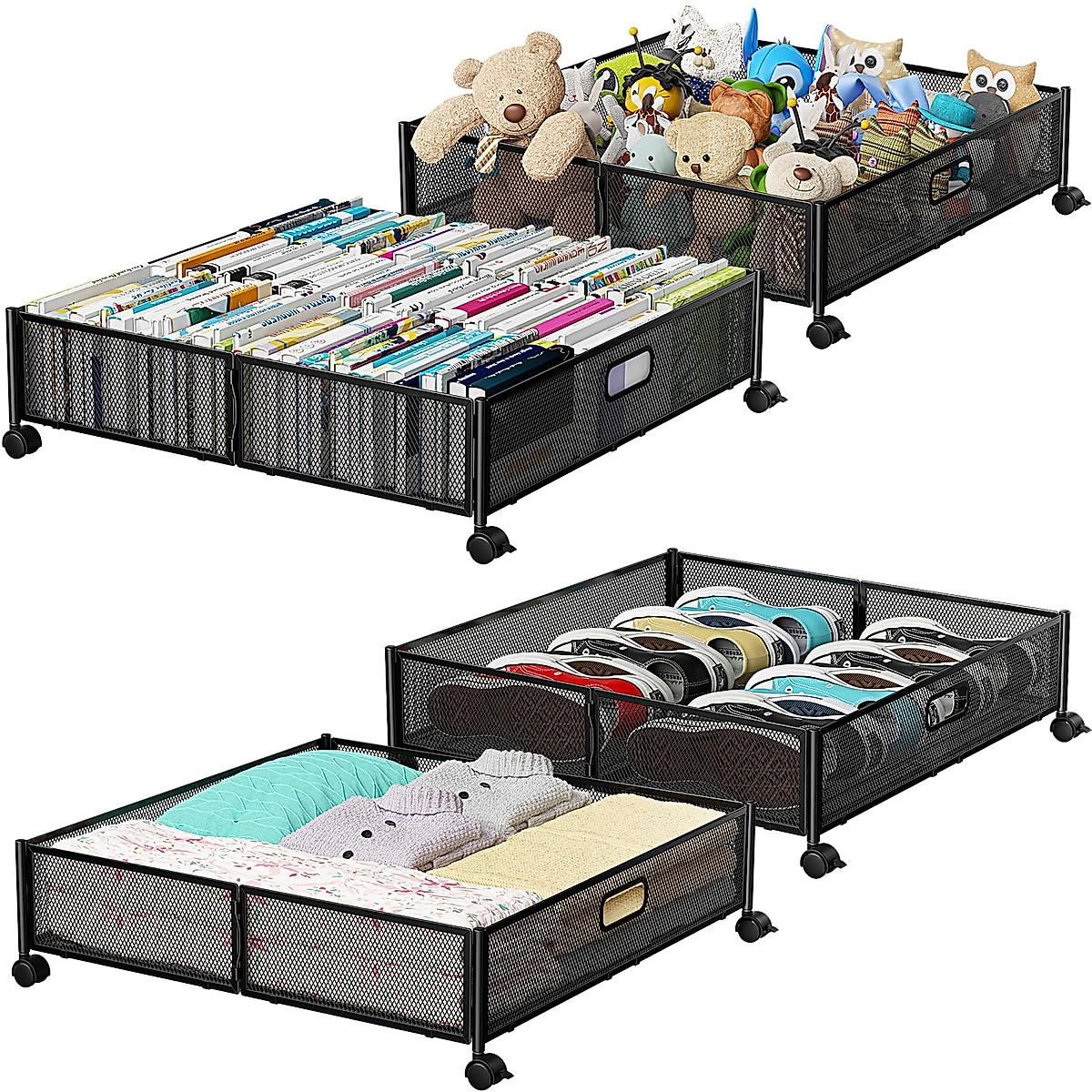 Under Bed Storage, Under the Bed Storage Containers with Wheels, Under Bed Shoe Storage Organizer Drawer, Tool-free Assembly Metal Underbed Storage Containers for Bedroom Clothes Shoes Blankets -4Pack