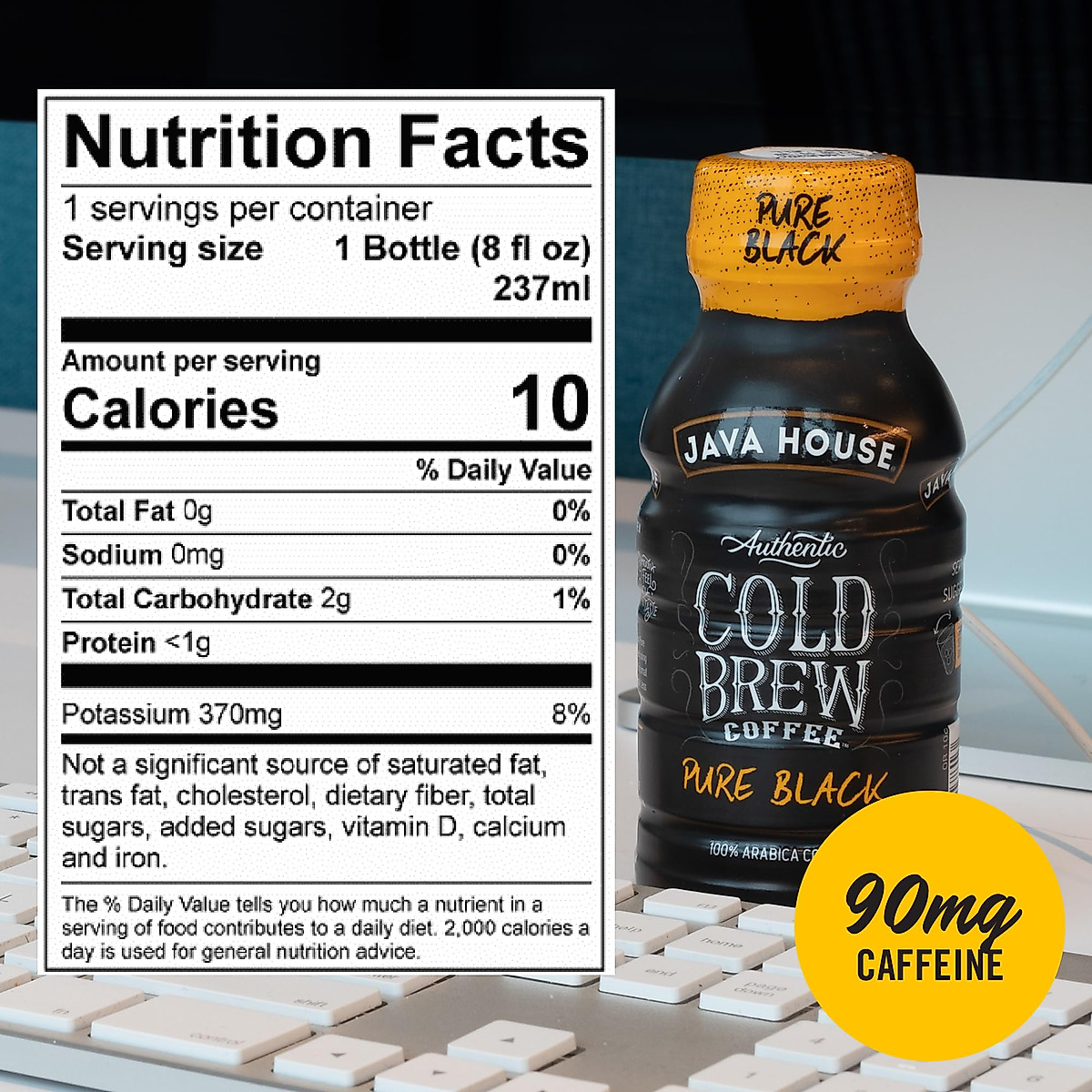 Java House Cold Brew Coffee, 6 Pack of 8oz Bottles, Ready to Drink Instant Cold & Iced Coffee (Pure Black)