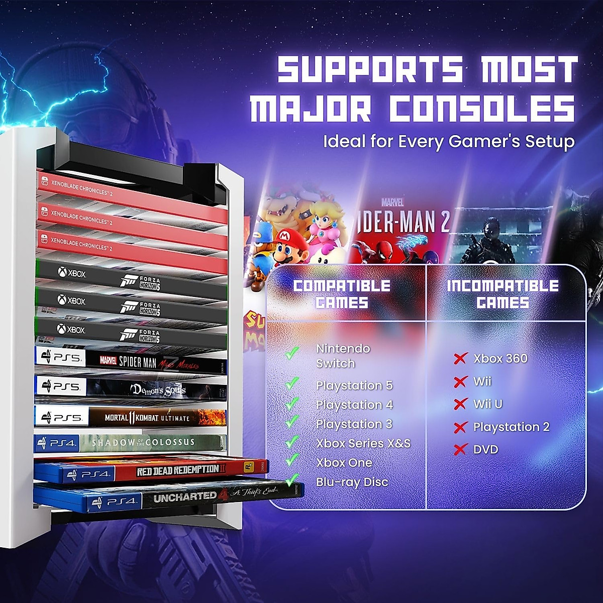 TNP Universal Video Game Storage Tower for PS5, PS4, PS3, Nintendo Switch, Xbox One, Xbox Series S/X - White Video Game Holder Organizer Stand with 12 CD Case Storage for Organizing & Displaying