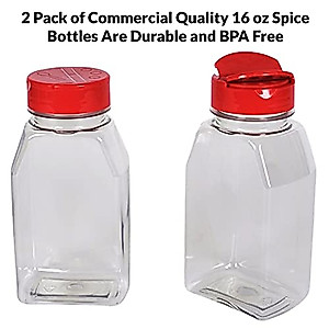 Skyway Supreme Large 16 OZ Clear Plastic Spice Bottles Seasoning Containers Jars - Set of 2 - Flap Cap with Pour and Sifter Spice Shaker - Durable Refillable Perfect For Herbs Spices Rubs - BPA Free