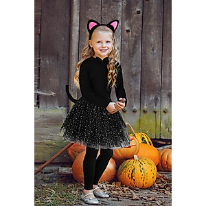 AOTHSO 6 Pieces Halloween Girls Black Cat Costume Set Long Sleeve Pants Headband Bowtie Tail Tutu Skirt Accessories for Kids