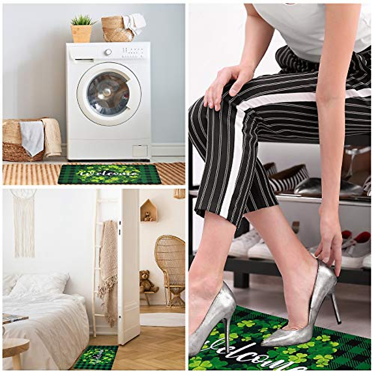 St. Patrick's Day Doormat Lucky Shamrocks Printed Doormat Green Shamrocks Leaves Area Rugs Non Slip Rubber Entrance Bathroom Front Door Rug Irish Floor Welcome Mat for Indoor Outdoor, 15.7 x 23.6 Inch