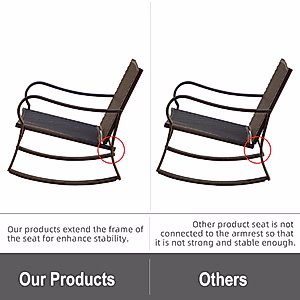 Domi 3 Piece Rocking Chair Patio Bistro Set Balcony Chairs Iron Conversation Sets Outdoor Furniture with Glass Coffee Table for Porch Poolside Lawn (Red, Curved Armrest)