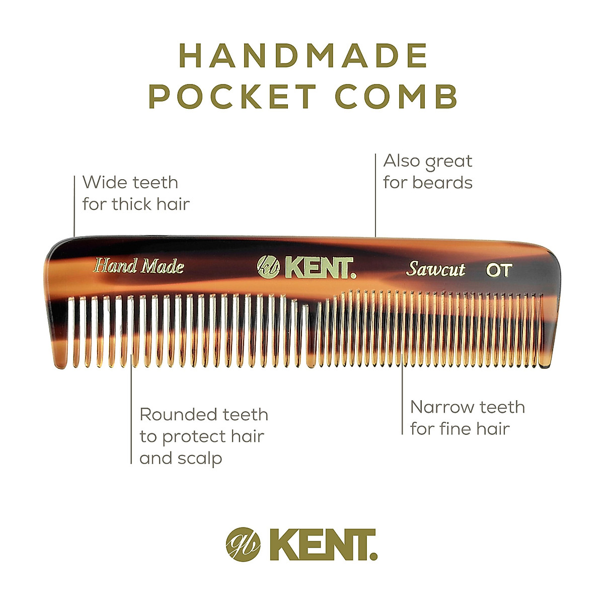 Kent A OT Double Tooth Hair Pocket Comb, Small Fine / Wide Tooth Comb For Hair, Beard and Mustache, Coarse / Fine Hair Grooming Comb for Men, Women and Kids. Saw Cut Hand Polished. Handmade in England