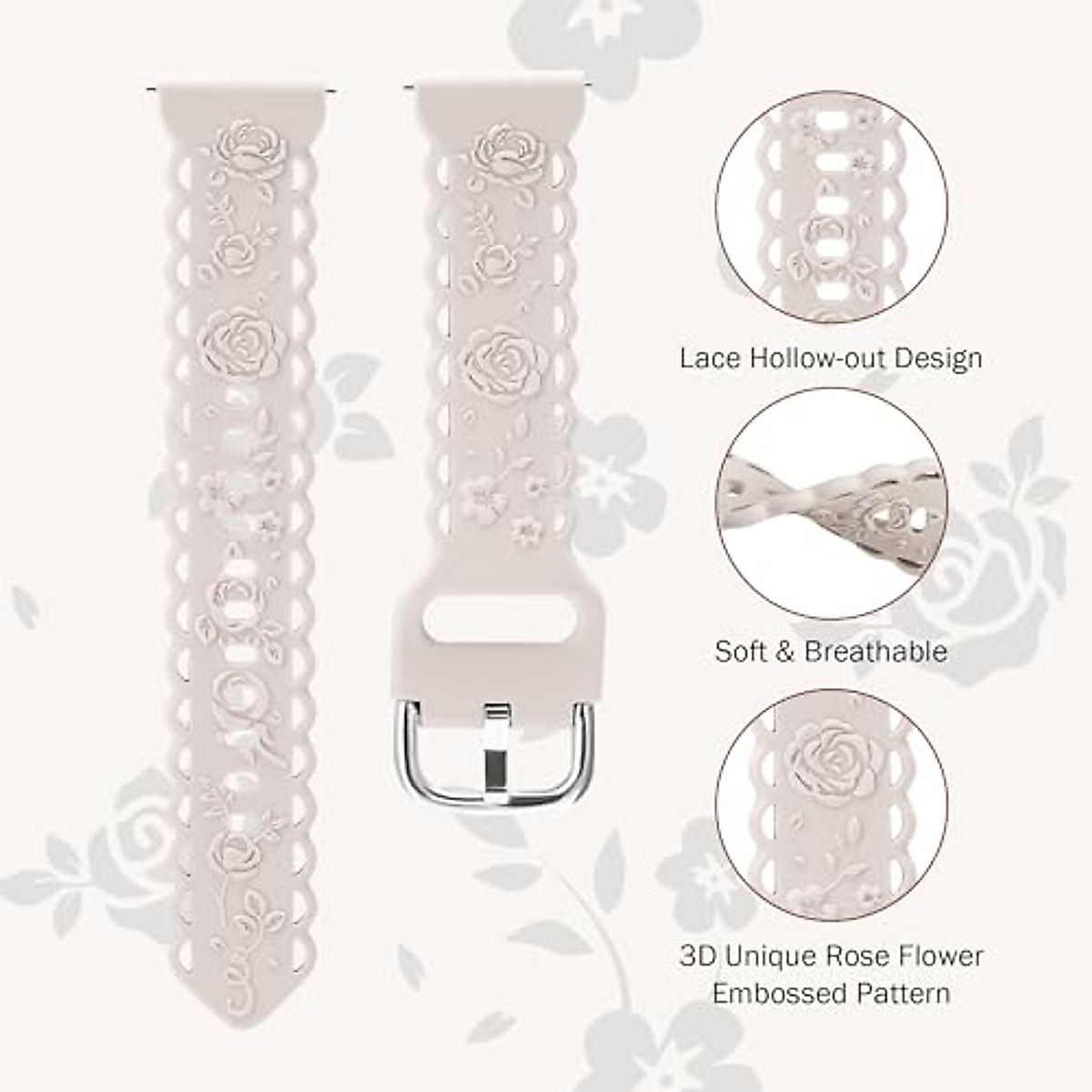 3 Pack Lace Floral Engraved Bands Compatible with Samsung Galaxy Watch 6 5 4 40mm 44mm Women,galaxy Watch 5 Pro 45mm,galaxy active 2,Galaxy Watch 3,20mm Hollow-out Embossed Flower Silicone Sport Strap