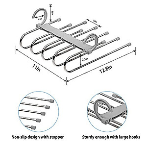 SOSOPIN Space Saving Pants Hangers Non-Slip Clothes Organizer 5 Layered Pants Rack for Scarf Jeans (Grey, 2 Pcs)