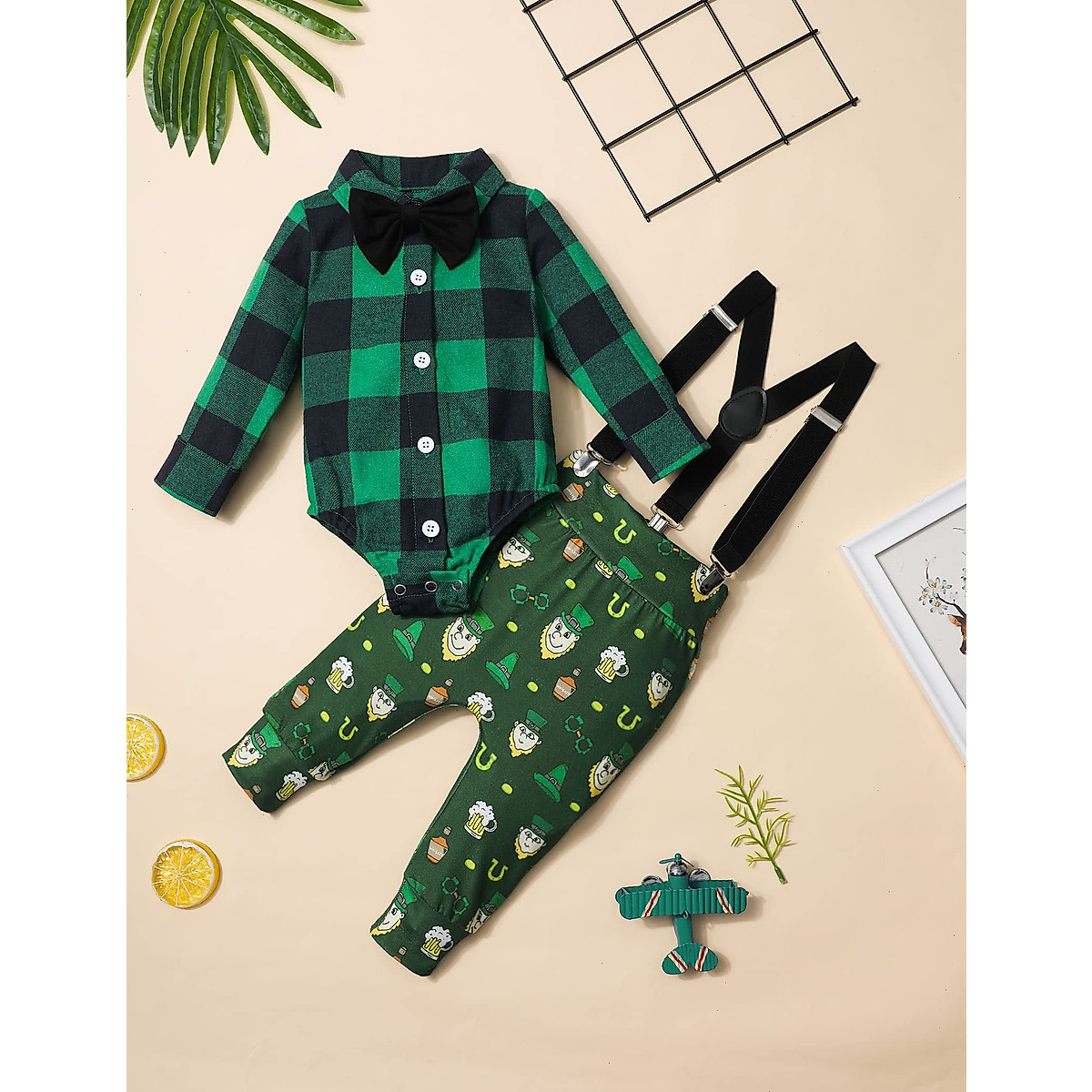 WIQI 6-12 Months Baby Boys My First St. Patrick's Day Outfit Infant Bowtie Bodysuit Pattern Suspender Pants Clothes Set