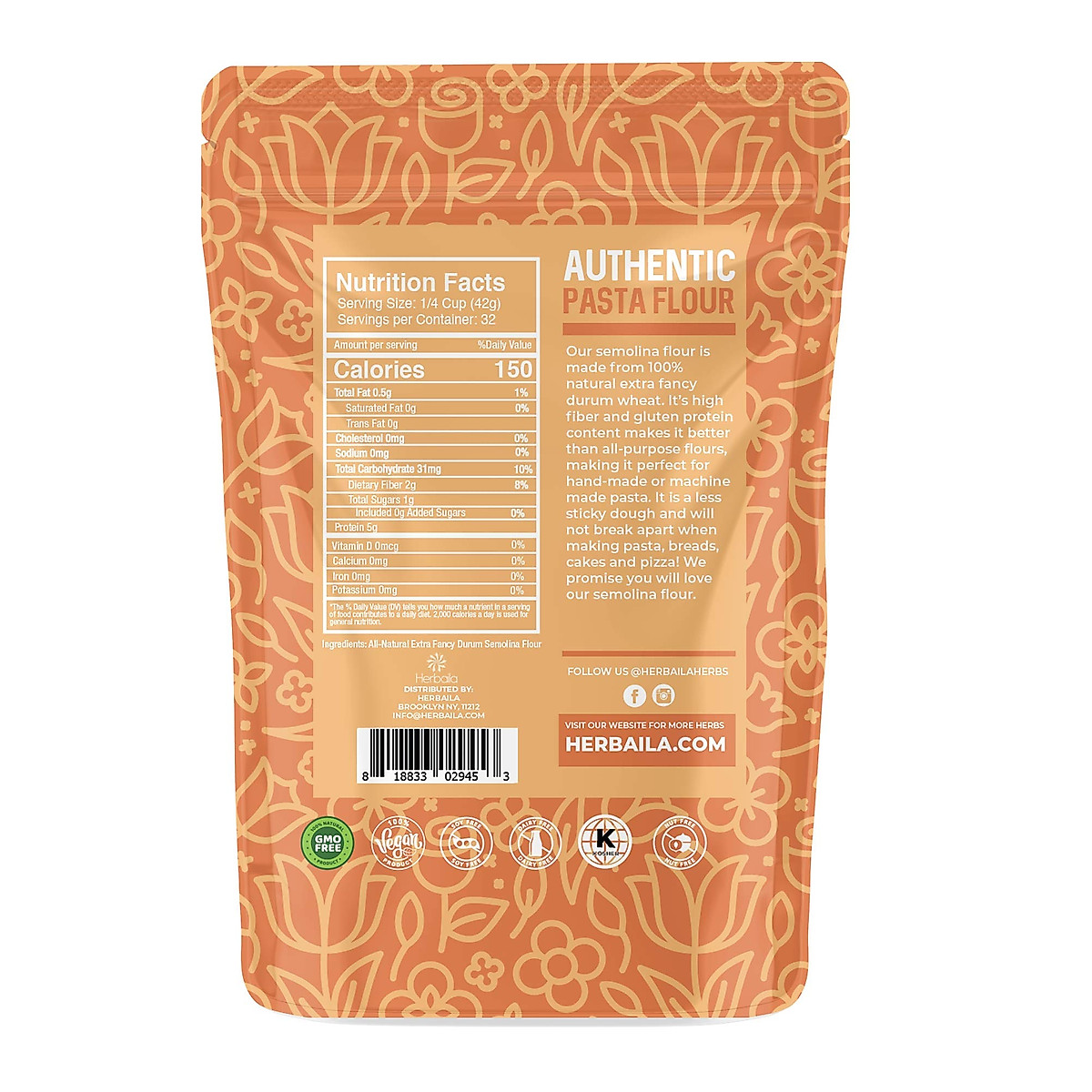 Semolina Flour 2lbs / 32oz, Fine Semolina Flour for Pasta, Pizza Dough, Cake Flour and Bread Flour, 100% Fine Ground All-Natural Durum Wheat From CANADA.