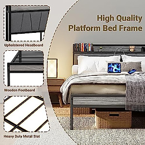 Zevemomo Queen Bed Frame, Queen Size Metal Platform Bed Frame with 2-Tier Storage Upholstered Headboard and Power Outlets, USB Ports Charging Station/No Box Spring Needed/Noise-Free/Easy Assembly