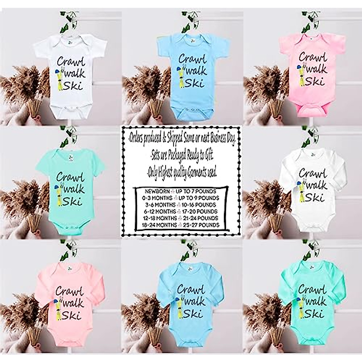 Crawl Walk Ski -Cute Snow Skiing winter sports Baby bodysuit onesie & bib Set