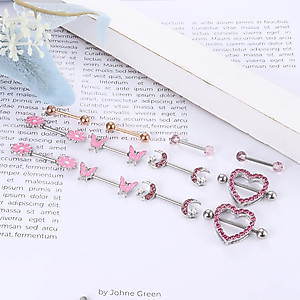 Kakonia 6 Pairs 14G Nipple Rings for Women 316L Stainless Steel Heart Butterfly Moon CZ Flower Barbell Nipple Rings Set Cute Nipplerings Piercing Jewelry