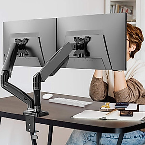 WALI Dual Monitor Stand Arms Mounts, for 2 Monitors, Fully Adjustable Gas Spring Desk Mount Swivel Mounting Holes Bracket with C Clamp, Grommet Base for Display Up to 32 Inch,19.8lbs. (GSMP002), Black