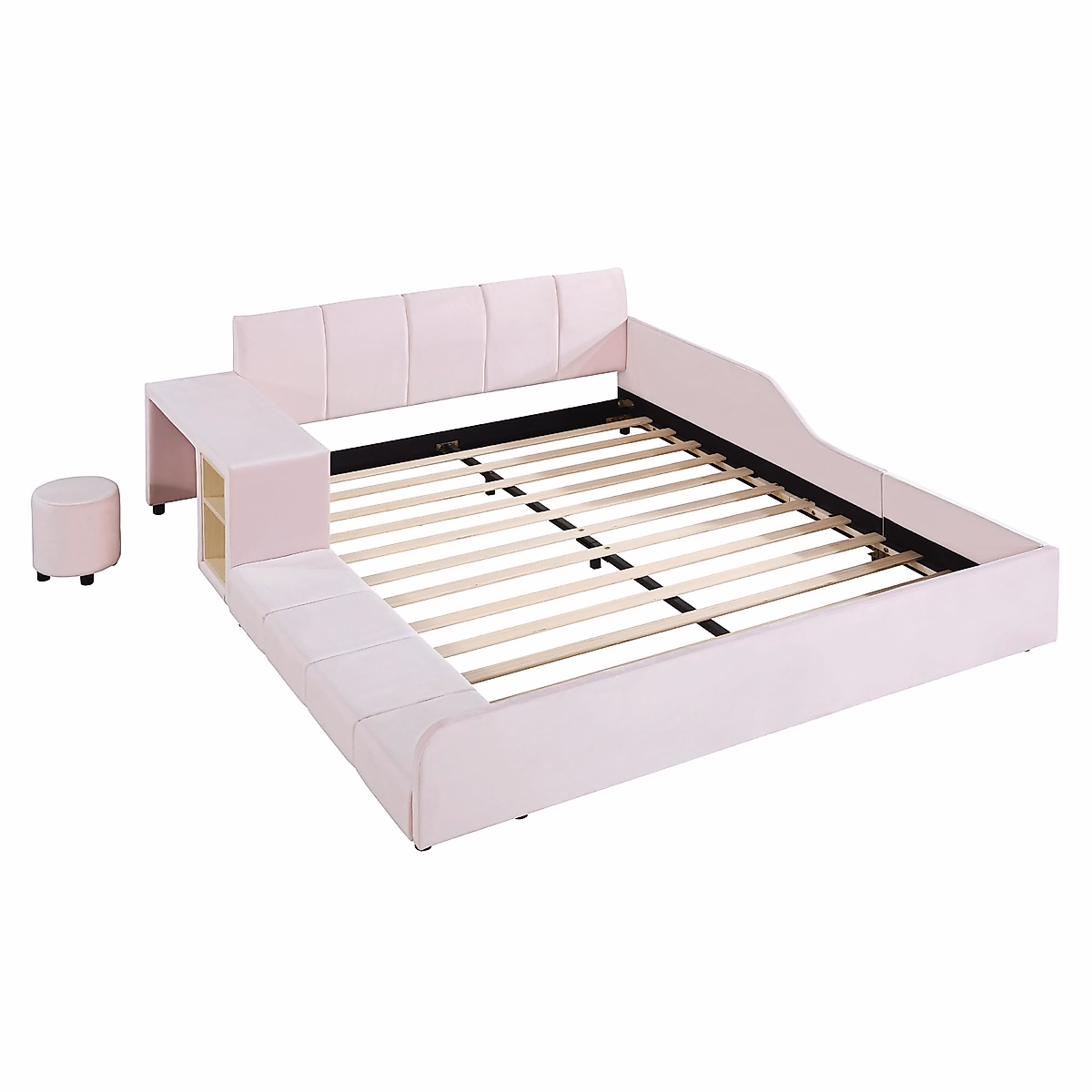 Modern Queen Size Upholstered Grounded Bed Mother & Child Bed Velvet Fabric Upholstered Floor Platform Bed with Bedside Desk and Little Round Stool for Kids Teens Boys Girls Adults (Pink-@9.9)