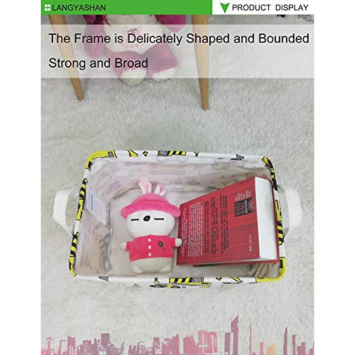 LANGYASHAN Rectangular Storage Bin Collapse Canvas Fabric Cartoon Storage Basket with Handles for Organizing Home Kitchen Boys and Girls Toys Office Closet Shelf Baskets (Rec Engineering Vehicle)