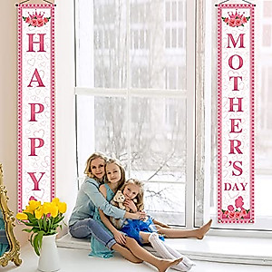 Vohado Happy Mother's Day Porch Banner Mothers Day Welcome Porch Sign Pink Heart Wall Hanging Banner Spring Gathering Party Porch Sign Front Door Holiday Party Decor