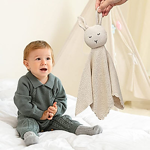 LAWKUL Baby Lovey Knit Cotton Babe Security Blanket Bunny Comforter Blankie Adorable Soft Newborns Lovies for Boy Girl Beige