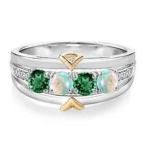 Gem Stone King 925 Sterling Silver and 10K Yellow Gold Green Nano Emerald White Simulated Opal & White Lab Grown Diamond 4-Stone Band Ring For Women | 1.15 Cttw | Size 5,6,7,8,9