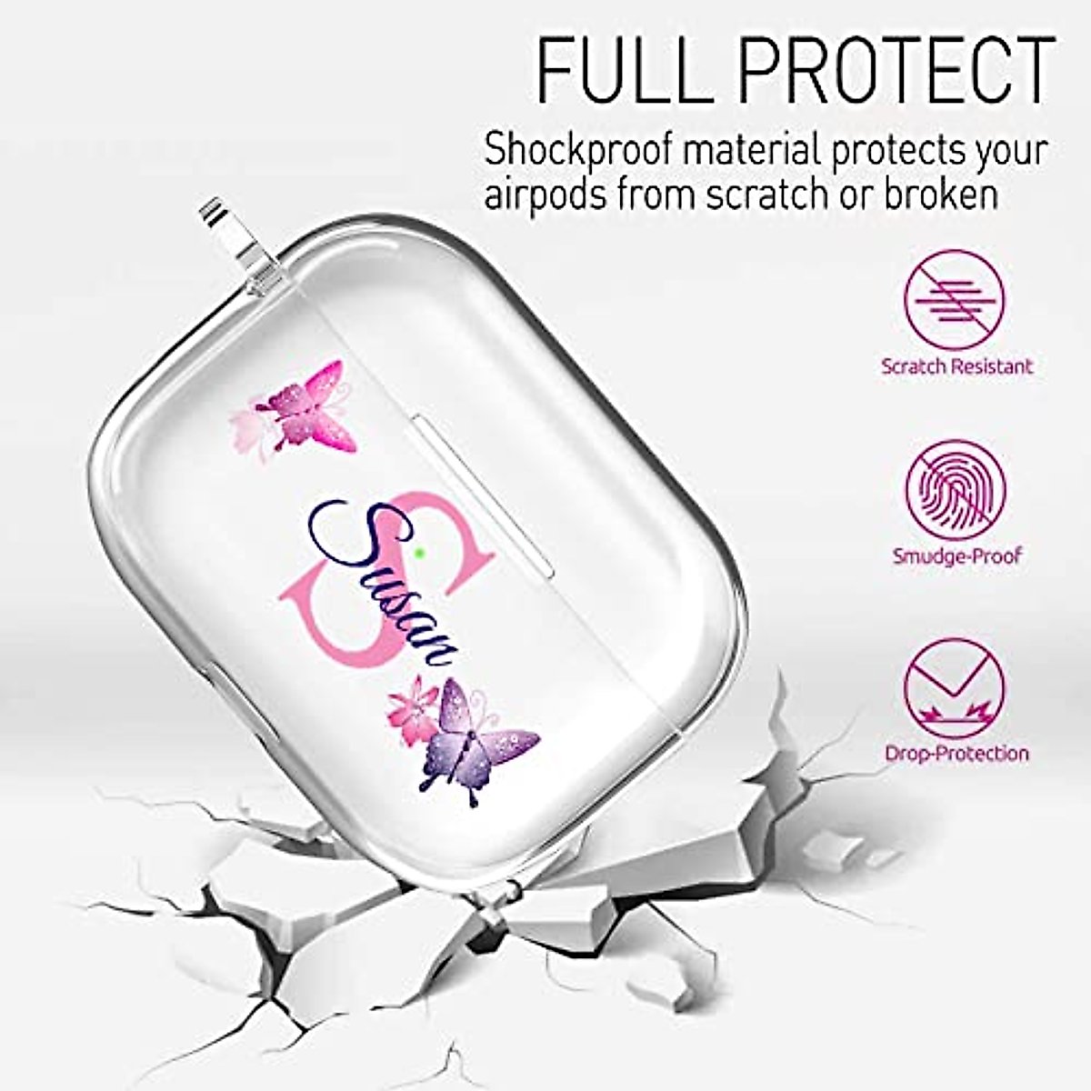 Custom Name & Initial Crystal Clear Airpods Case for Apple AirPod Pro and 3rd Generation，Thin Shockproof Protective Customized Transparent Case（Purple Butterfly）