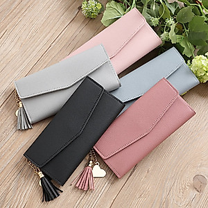 mogen886 Fashion Long Wallet Bags Card Slot Tassel Heart Pattern Charm Coin Purses Clutch Bag Light Pink