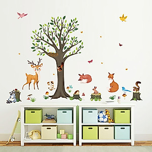 decalmile Animal Forest Tree Wall Stickers Fox Bird Deer Wall Decoration Bedroom Kids Baby Nursery