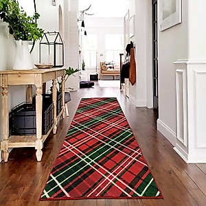 CAREMEE 2x8 Merry Christmas Runner Rug Plaid Printed Xmas Runner Rug Washable Rug Indoor Soft Entryway Runners Xmas Festive Rug Non Slip Kitchen Laundry Runner Rug for Living Room Fireplace Red/Green