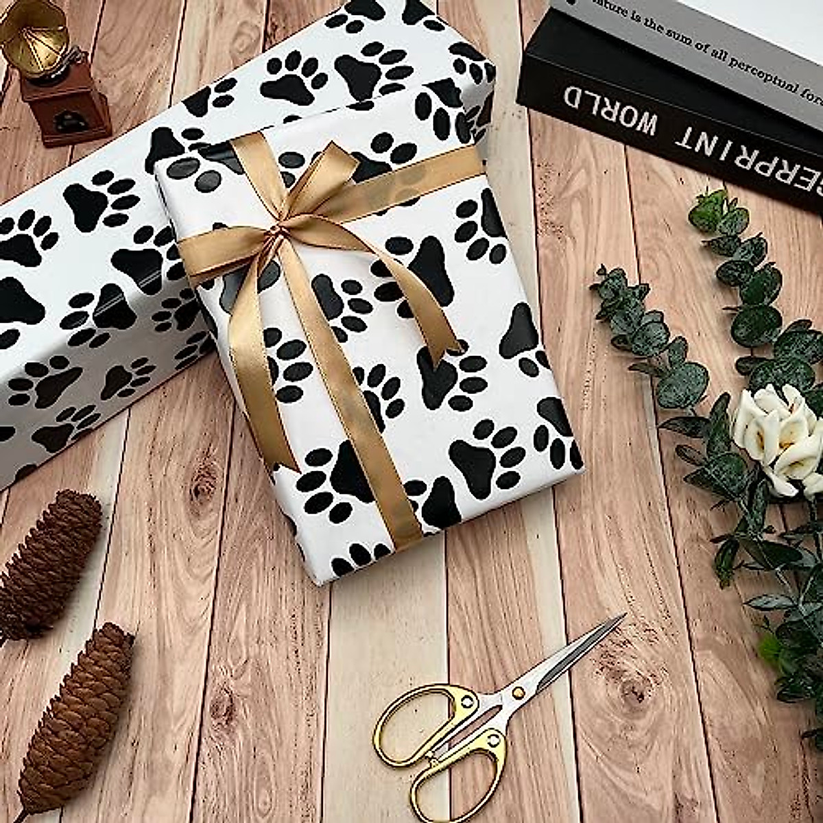 Dtiafu Paw Print Wrapping Paper - 10 Sheets Funny Dog Cat Lovers Birthday Wrapping Paper for Women Men Kids - Black and White Paw Gift Wrap - 20 X 28 Inch Per Sheet