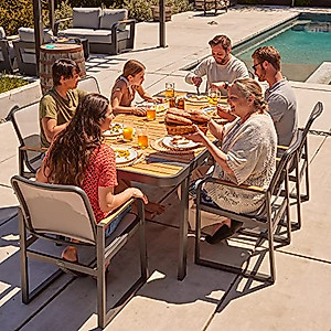 EAST OAK Signature 7 Pieces Outdoor Dining Set, Patio Furniture Set with Finest Teak Wood, Powder-Coated Aluminum Frame Table and Teslin Fabric Chairs, Patio Dining Set for Garden and Yard, Dark Grey