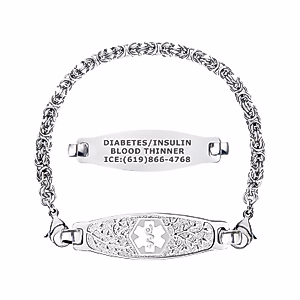 Divoti Custom Engraved Medical Alert Bracelets for Women, Stainless Steel Medical Bracelet, Medical ID Bracelet w/Free Engraving – Beautiful Olive Tag w/Handmade Byzantine-White-8.5"