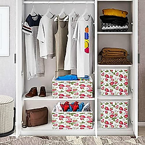 Kigai Strawberry Floral Fabric Storage Bin 11" x 11" x 11" Cube Baskets Collapsible Store Basket Bins for Home Closet Bedroom Drawers Organizers