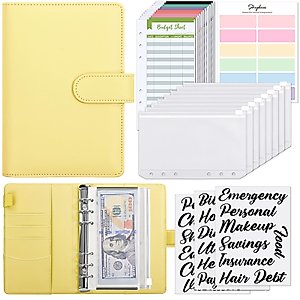 SKYDUE Budget Binder with 8pcs Zipper Envelopes, Money Organizer for Cash with 12pcs Expense Budget Sheets & 24 Blak Sticky Labels, Budget Book with Cash Envelopes, Yellow, A6 (1008HYJ-HZ_A6Yellow)
