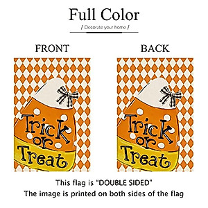ORTIGIA Trick or Treat Garden Flag Vertical Double Sided 12x18inch Halloween Funny Candy Small Garden Flag Buffalo Check Plaid Seasonal Flag Farmhouse Rustic Holiday Burlap Yard Décor