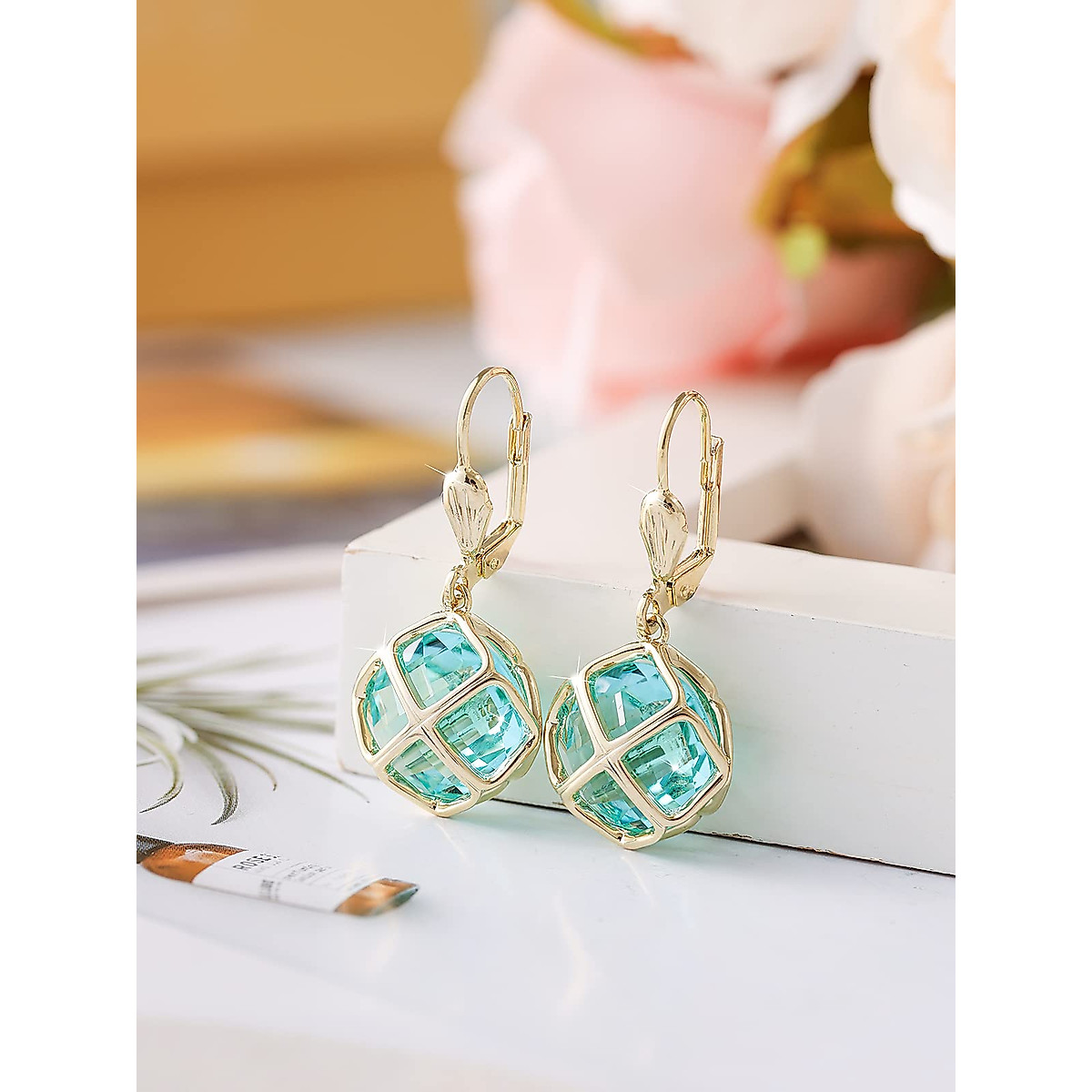 Big Dark Red Crystal Dangle Earrings for Women (Jan-Garnet-14K Gold)