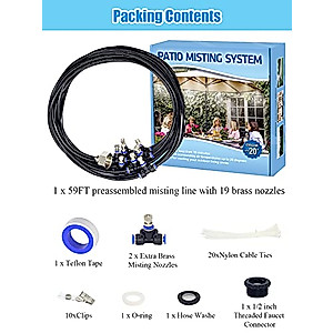 Tesmotor Misting System for Outside Patio, 59FT Misting Line + 21 Brass Nozzle Outdoor Misters for Cooling, Misting System for Patio Garden Lawn Pool Umbrella Trampoline