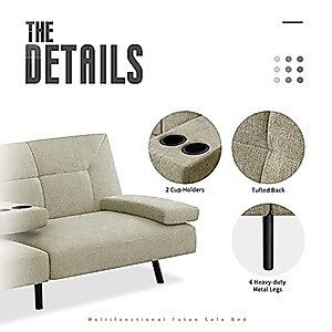 IULULU Sofa Bed, Modern Convertible Futon Sleeper Couch Daybed with 2 Cup Holders, Removable Memory Foam Armrests for Studio, Apartment, Office,Living Room, Khaki Sage