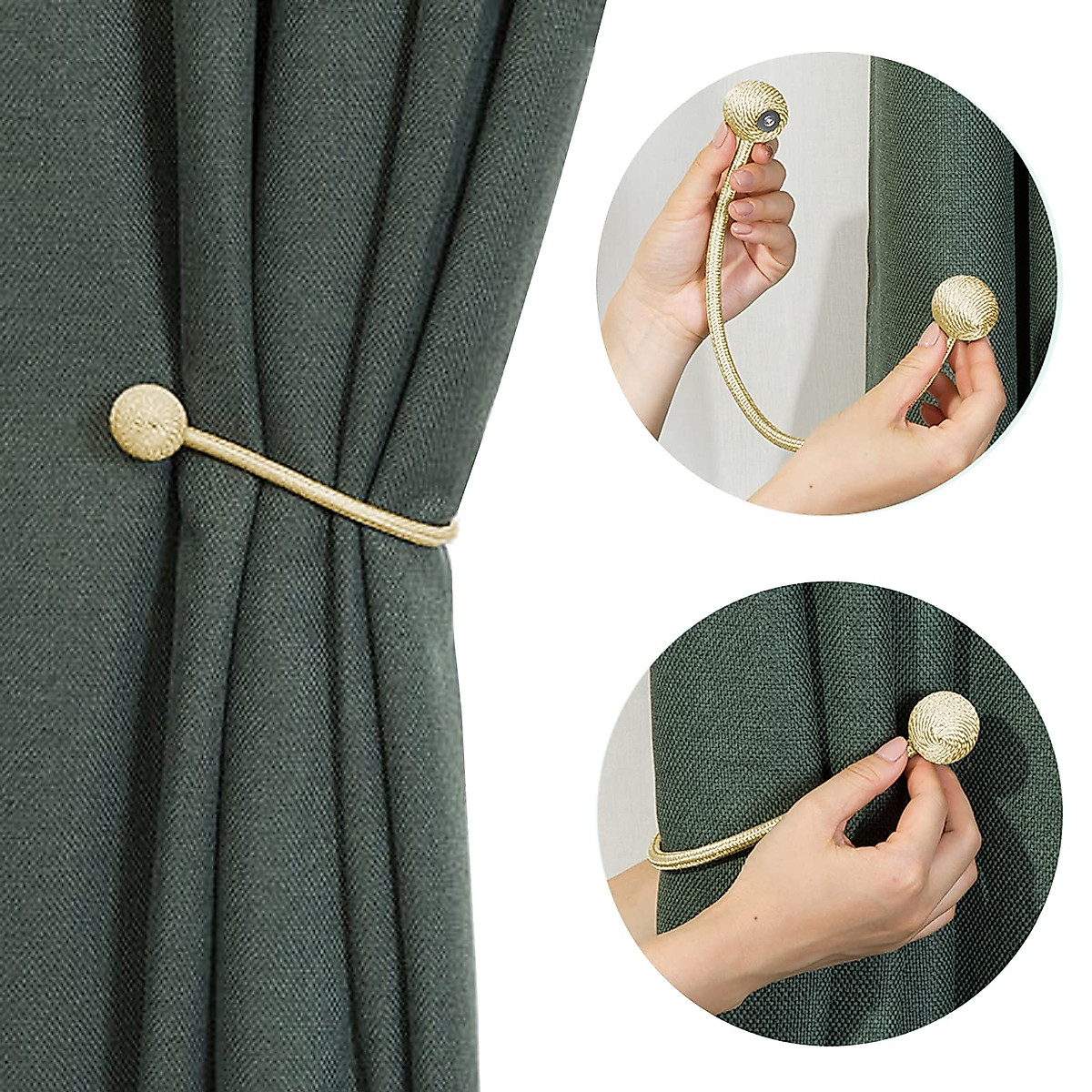 CLAURE 2 Pack Magnetic Curtain Ties, Magnetic Curtain Holder, Curtain Tie Back,Magnetic Curtain tiebacks Hand Braided Cord, Stronger Magnetic for Thin or Thick Decorative Curtains Home Bedroom Office
