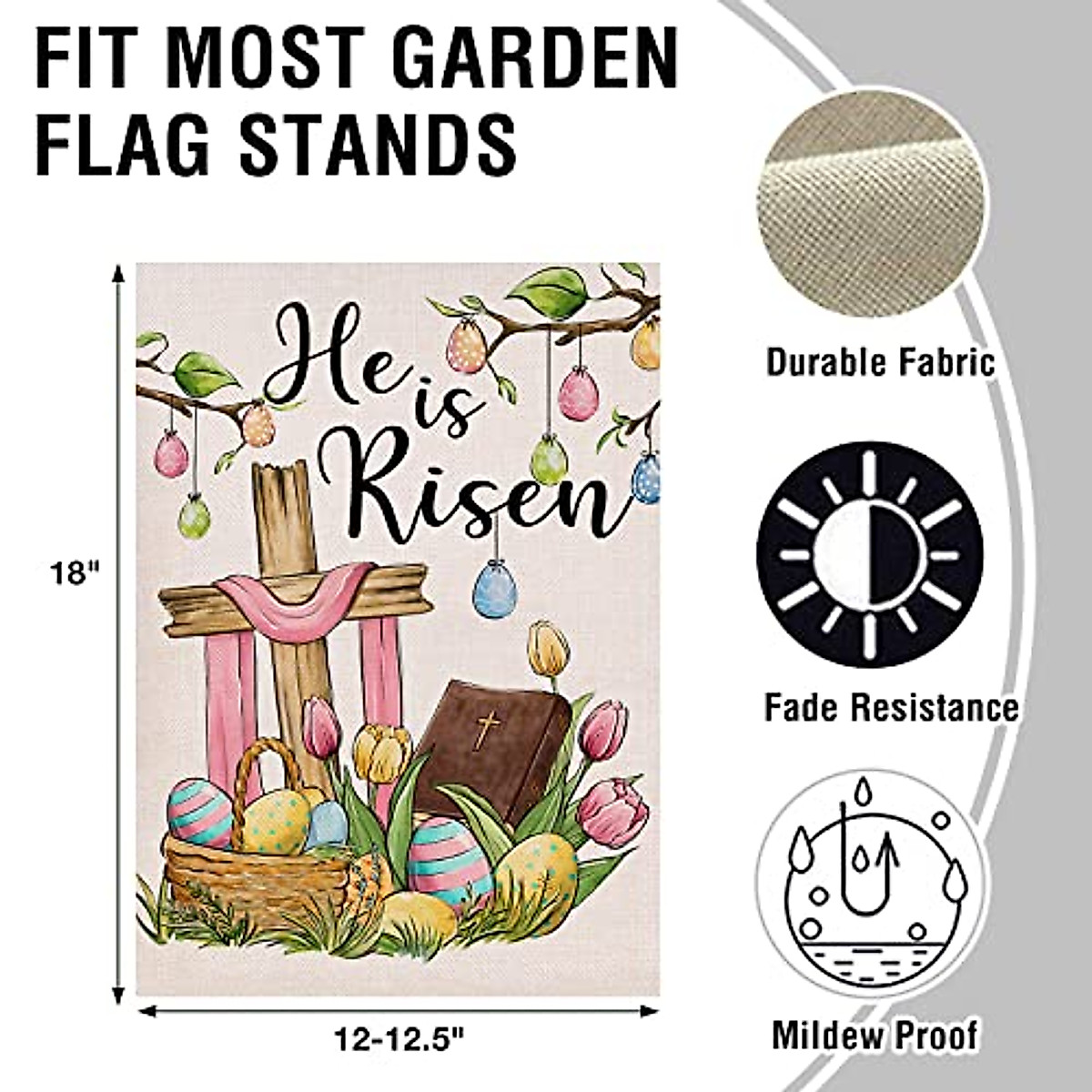 Artofy He is Risen Easter Eggs Cross Religious Small Decorative Garden Flag, Tulip Flowers Faith Yard Lawn Outside Decor, Spring Burlap Outdoor Home Decoration Double Sided 12 x 18