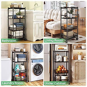 Kitchen Microwave Stand Shelf - 4 Tiers Metal Bakers Rack with Casters, Coffee Bar Station with Storage, Black