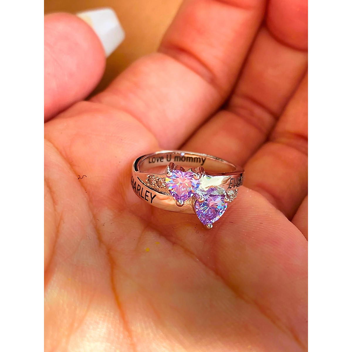 PaulaMax Jewelry Promise Rings for Her – Custom Engraved Birthstone Ring for Women in Sterling Silver or White Gold – Personalized 2 Heart Birthstones, Sizes 5-12