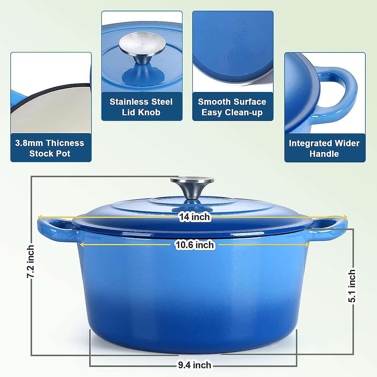 HaSteeL 6 Quart Cast Iron Dutch Oven, Pre-seasoned Enamel Cooking Stock Pot with Lid, Non-stick Round Cookware for Sourdough Bread Baking Roasting Stewing Braising Frying, Heavy Duty & Oven Safe(Blue)