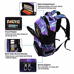 Wolf Starry galaxy School Backpack for Students Kids Portable Wide shoulder strap Bookbag for Middle School/High School/Teenagers/College Boys Girls Travel Sports Camping Daypack