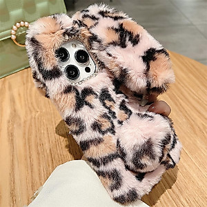for Samsung A04/A04s Furry Case, Lucky Leopard Pattern Cute Rabbit Bunny with Soft Fluffy Ears Tail Doll Fuzzy Hair Fur Plush Phone Case Cover Women Girl