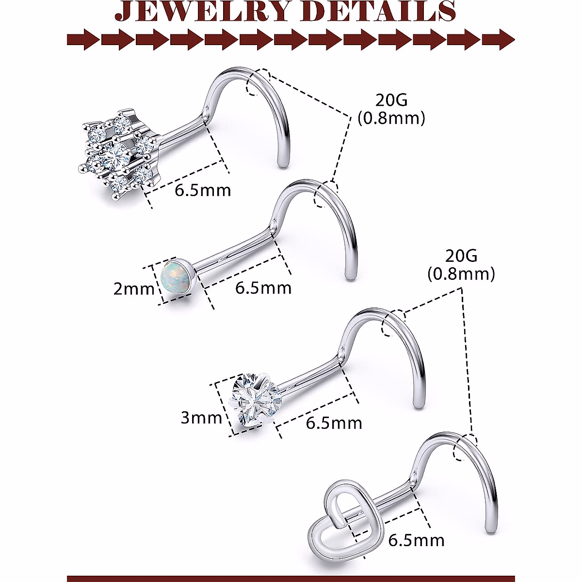 Prjndjw 44pcs 18G 20G Nose Rings Studs Nose Rings for Women Nose Piercings Jewelry Surgical Stainless Steel Straight Nose Studs Moon Star Heart Butterfly Hypoallergenic for Men