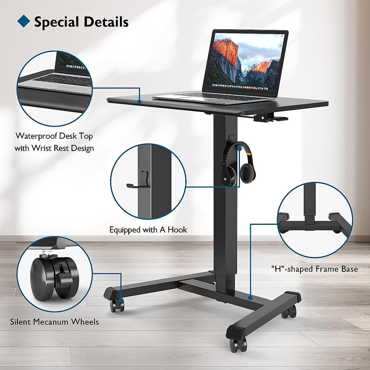 BONTEC 25.6 x 17.7 Inch Mobile Stand Up Desk, Podium, Rolling Standing Desk Up to 33LBS with Wheels and Stoppers, Laptop Standing Desk Height Adjustable, Black