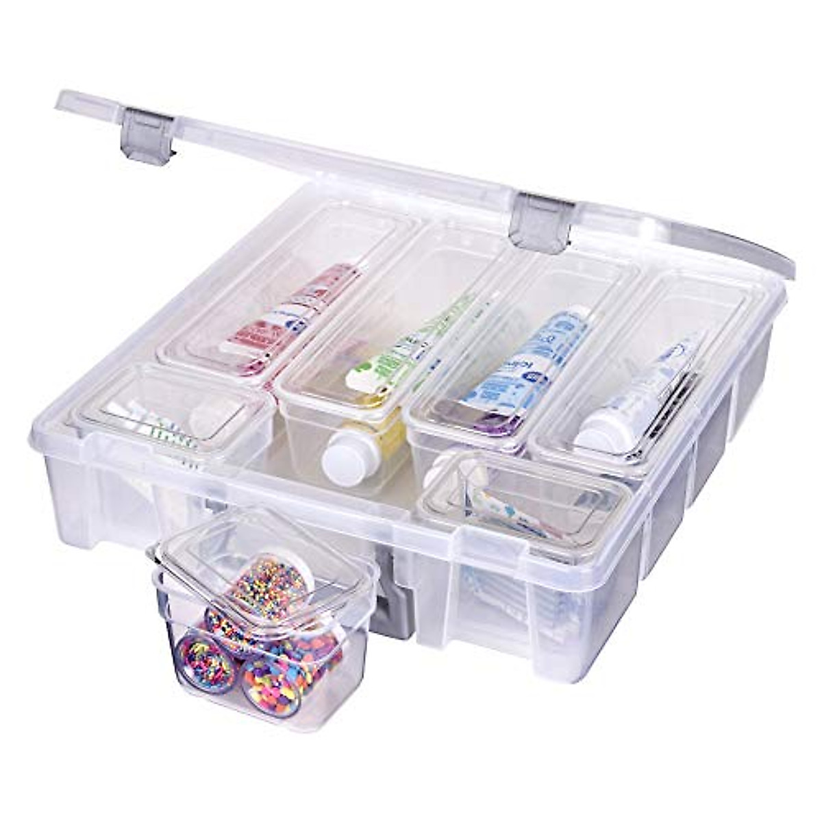 AB Designs 6967ABD Super Satchel with 9 Mixed Bins Inside Stackable Home Storage Organization Container, Clear with Sliver Latches and Handle, w/Long