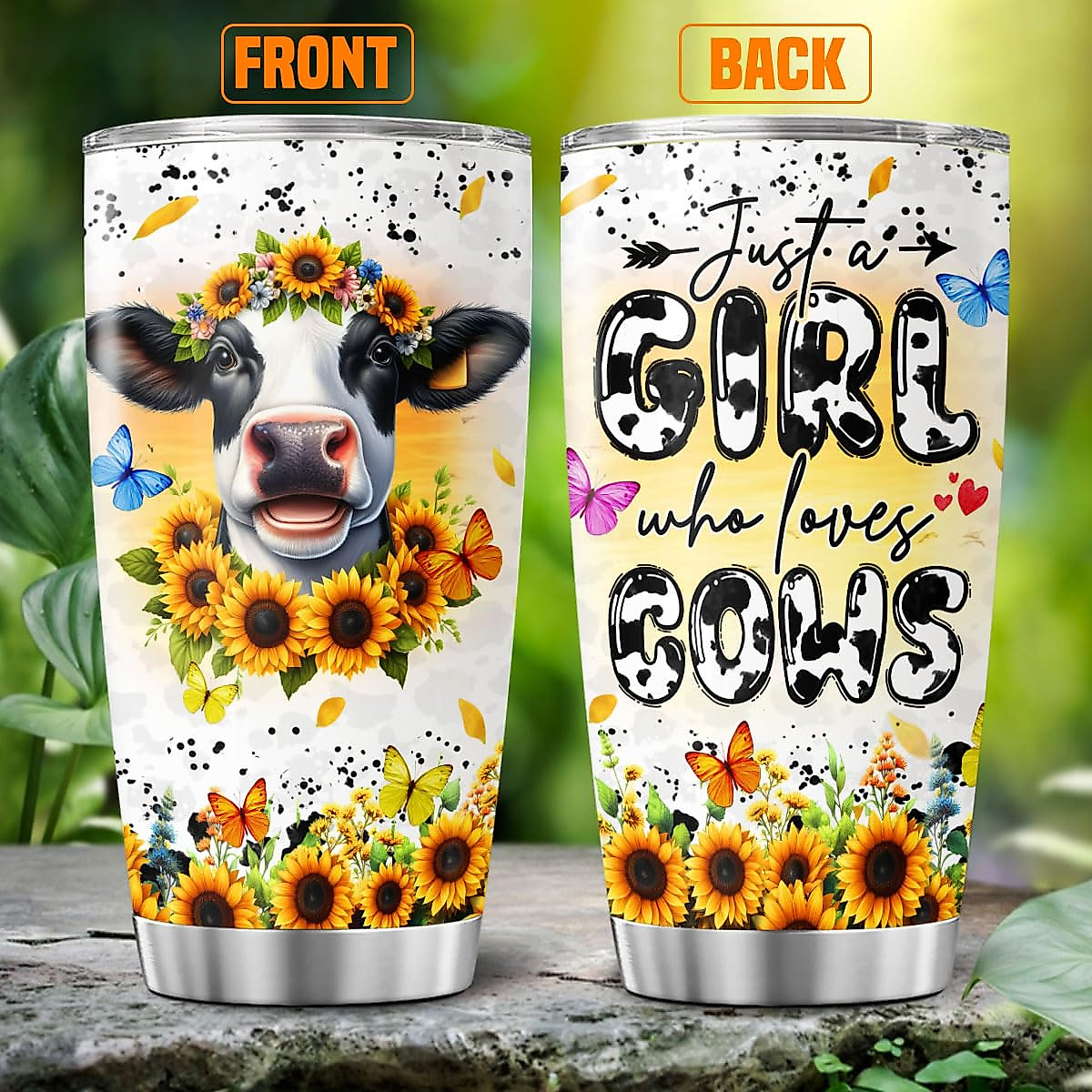 JENOIS Just A Girl Dairy Cow, Tumbler 20 Oz With Lid And Straw, Print Cups Floral Sunflower Handle Flower, Cow Gifts