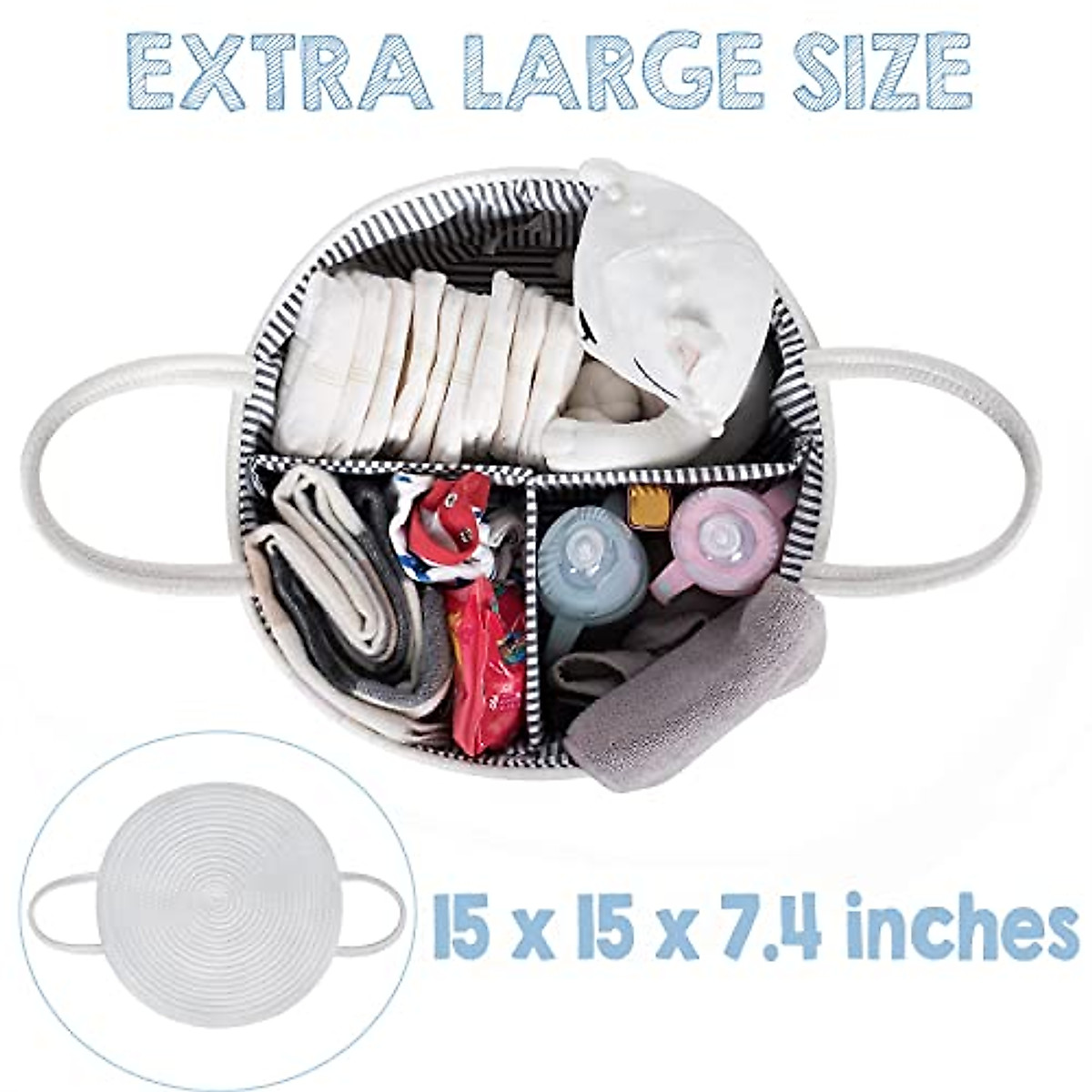 Large Baby Diaper Caddy Organizer 15"X7.4" Round Hanging Nursery Storage Bin Portable Changing Table/Car Travel Tote Bag Removable Inserts Newborn Registry Boy Girl Shower Rope Basket