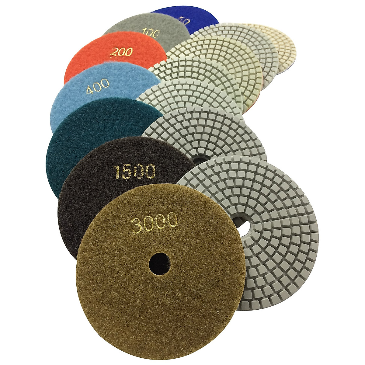 Konfor Diamond Polishing Pads 4" Wet Use for Sanding Marble Granite Stone Concrete Travertine Polish Pack of 7 Grit 50-3000
