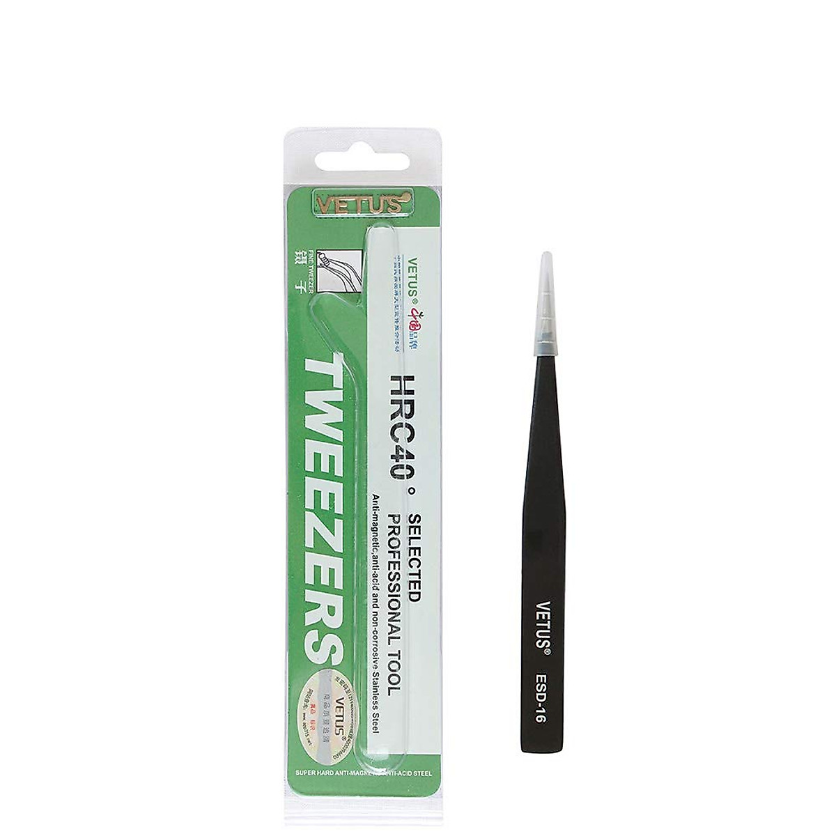 VETUS ESD Anti-static SMD Tweezer Non-magnetic Stainless Steel Pointed Tip for Repair PC Laptop Black ESD-16