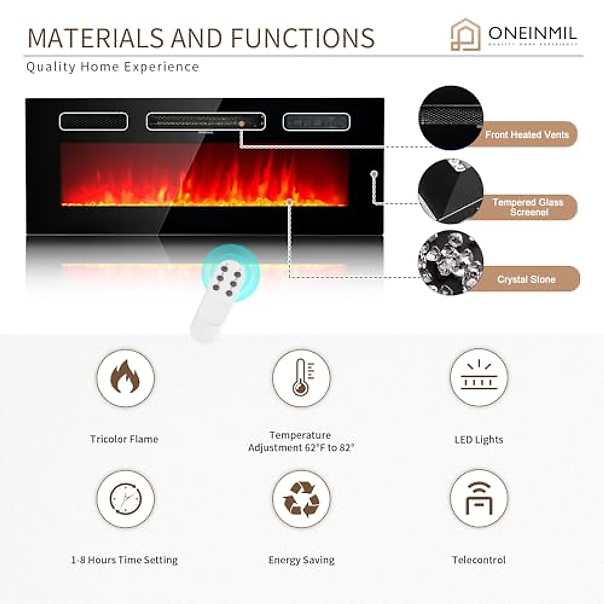 oneinmil Fireplace TV Stand with 36" Electric Fireplace,LED Light Entertainment Center,2 Tier TV Console Stand for TVs Up to 80",Fireplace for The Living Room TV Stand,Black