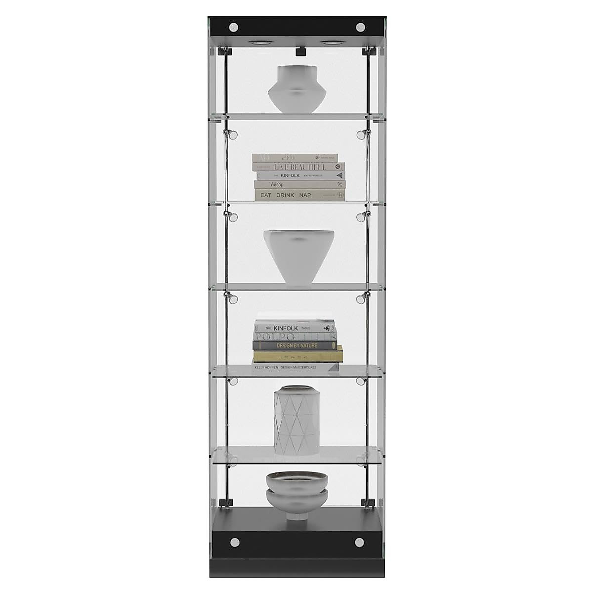 Displays2go Display Show Case with LED Lighting, Glass Shelves, Locking Door, MDF Top & Base – Clear & Black (GTAP24LEDB)